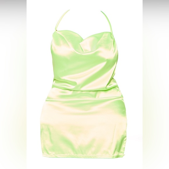 PrettyLittleThing | Dresses | Plt Plus Lime Satin Cowl Back Bodycon ...